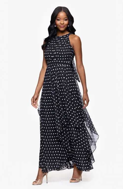 Betsy & Adam Polka Dot Handkerchief Hem Gown - Black/ White | Editorialist