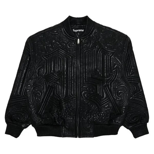 Supreme Mister Cartoon Embroidered Leather Jacket - Black