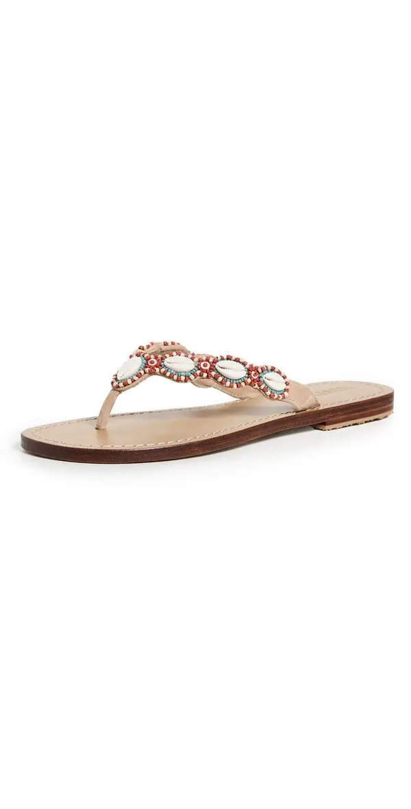 Mystique Beaded Cowrie Shell Thong Sandals - Nude/suede