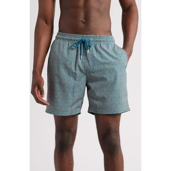 Stone Rose Retro Geometric Print Swim Trunks - Blue