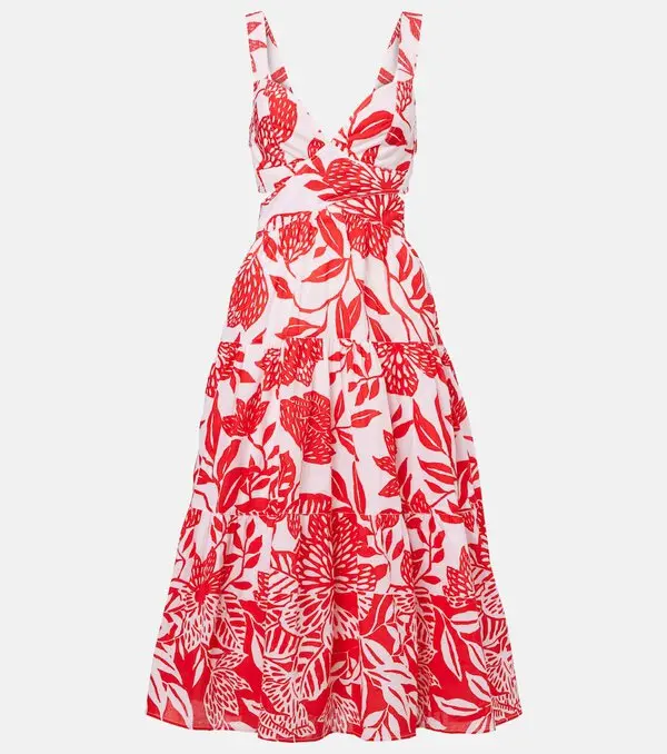 Poupette St Barth Coco Floral Cotton Midi Dress - Red