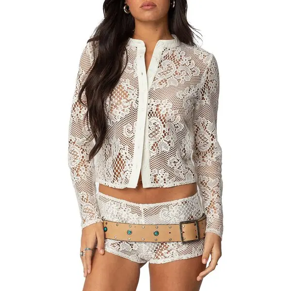 EDIKTED Peyson Sheer Lace Button-up Shirt
