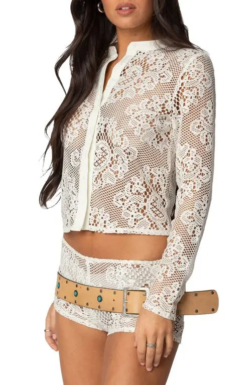 EDIKTED Peyson Sheer Lace Button-up Shirt