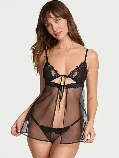 Victoria's Secret Sheer Rose Lace Babydoll Set - Black