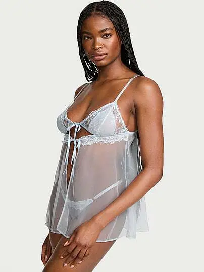 Victoria's Secret Sheer Rose Lace Babydoll Set - Blue