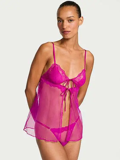 Victoria's Secret Sheer Rose Lace Babydoll Set - Purple