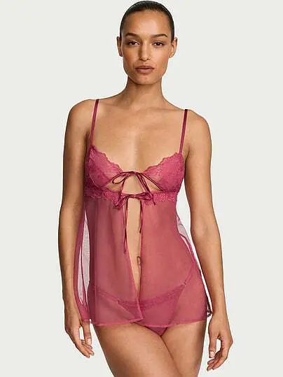 Victoria's Secret Sheer Rose Lace Babydoll Set - Purple