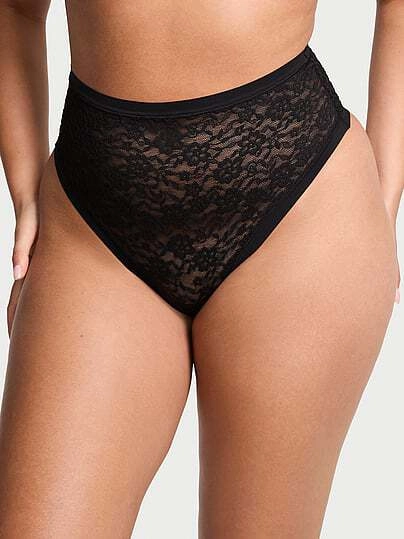 Victoria's Secret No-show Leopard Lace High-waist Thong Panty - Black