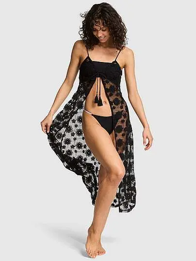 Pink Beach Blooms Crochet Maxi Dress - Black