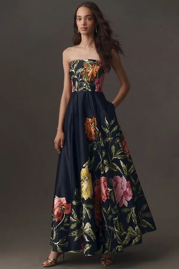 Bhldn Kira Strapless Printed Maxi Dress - Blue Pattern