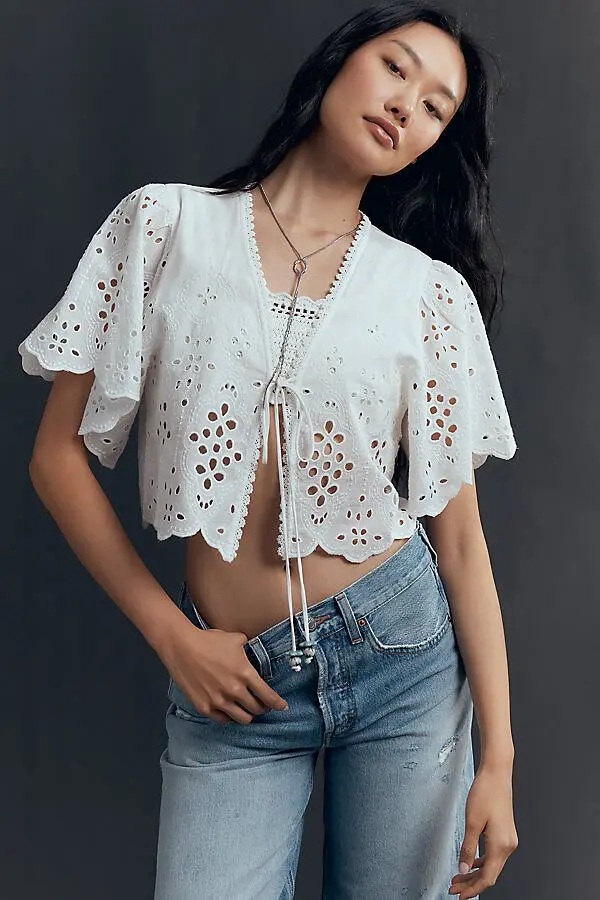 Maeve Tie-front Eyelet Crop Blouse - White