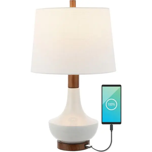 JONATHAN Y Finn 23" Vintage Minimalist Iron/ceramic Led Mini Table Lamp With Usb Charging Port - White/brown Wood Finish
