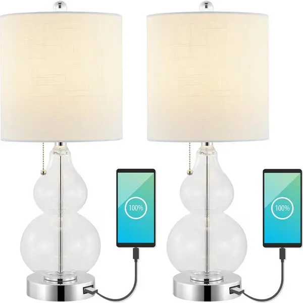 JONATHAN Y Cora 22" Classic Vintage Glass Led Table Lamp With Usb Charging Port - Chrome/clear