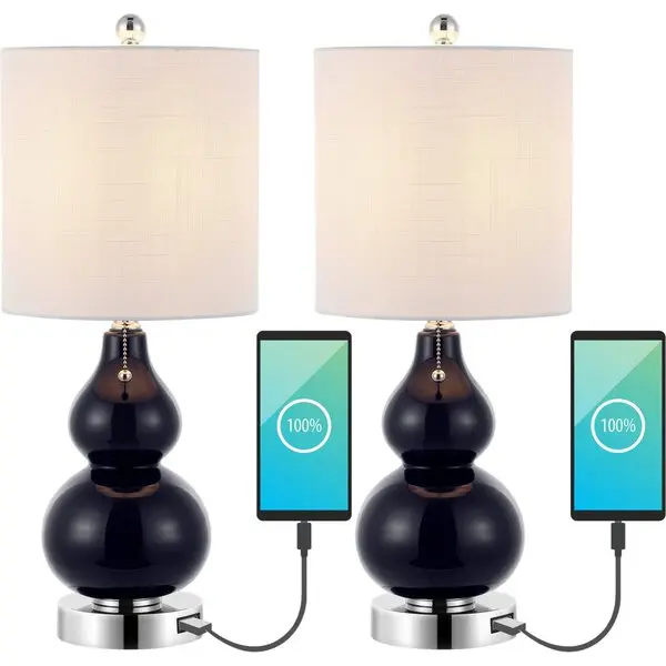 JONATHAN Y Cora 22" Classic Vintage Glass Led Table Lamp With Usb Charging Port - Chrome/navy