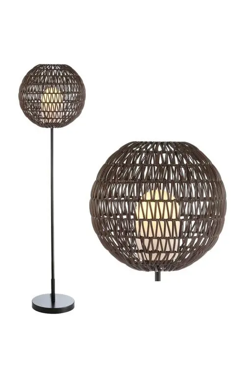 JONATHAN Y Bea 61" Outdoor Woven Globe Led Floor Lamp - Coffee/black