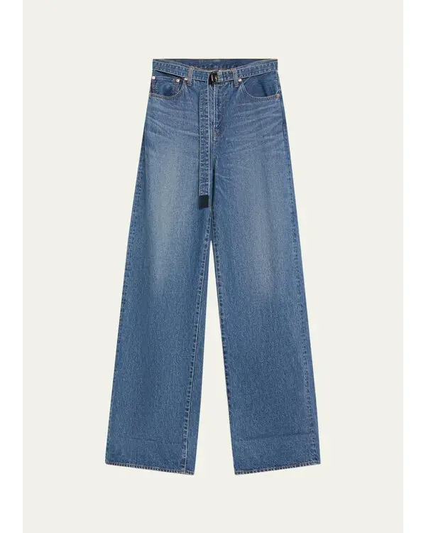 Sacai Belted Wide-leg Denim Pants - Blue