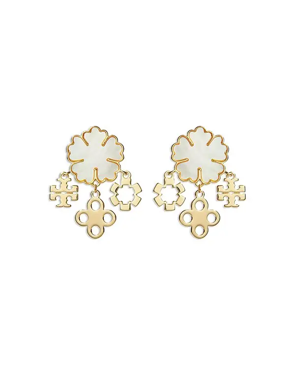 Tory Burch Mother Of Pearl Clover Cluster Drop Earrings - Gold