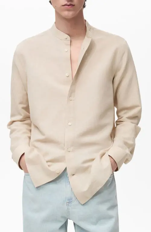 Mango Band Collar Linen Blend Button-up Shirt - Sand