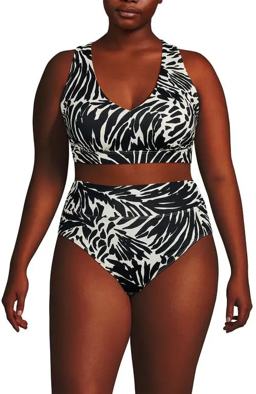 LANDS' END V-neck Bikini With High Waisted Bottoms - Black/egret White Leaf Scroll