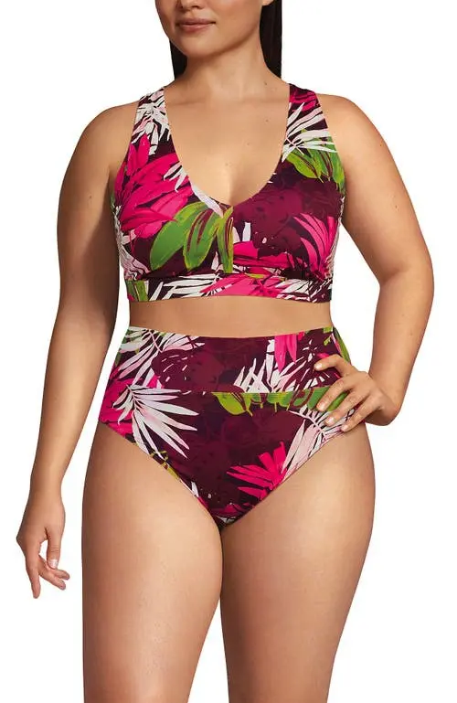 LANDS' END V-neck Bikini With High Waisted Bottoms - Dark Wine Multi Tropical Palm