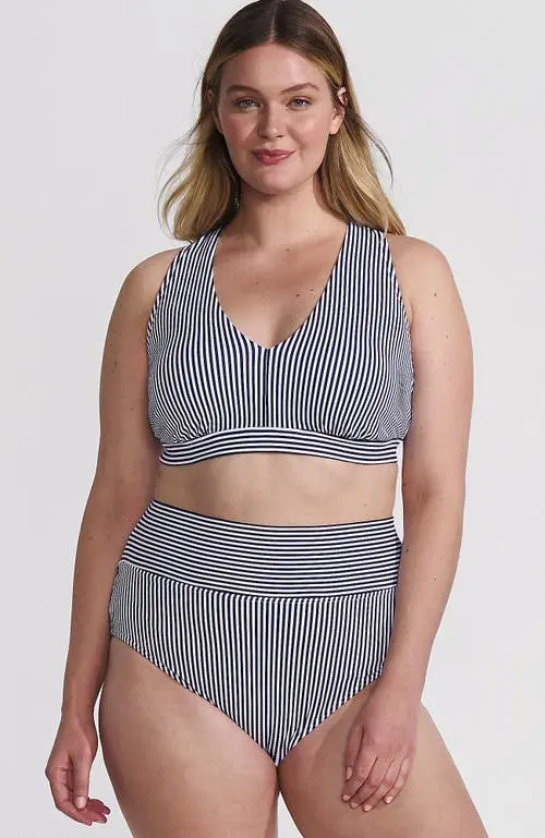 LANDS' END V-neck Bikini With High Waisted Bottoms - Deep Sea Navy Mini Stripe