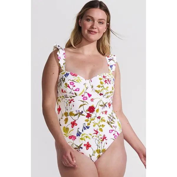 LANDS' END Balconette Ruffle High Leg One Piece Swimsuit - White Multi Garden Floral