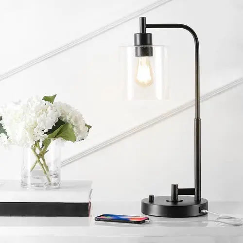JONATHAN Y Axel Modern 23" Iron/seeded Glass Farmhouse Industrial Usb Charging Led Task Lamp