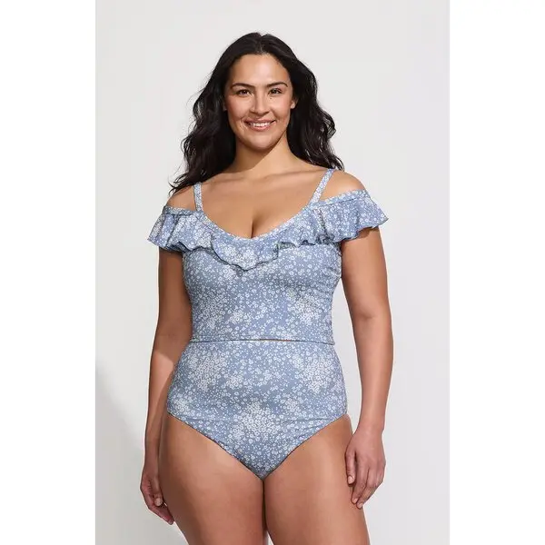 LANDS' END Pique Ruffle Tankini Top And High Waisted Bottom Swimsuit Set - Dusk Sky Meadow Ditsy Floral