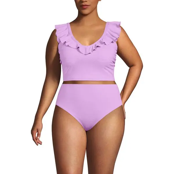 LANDS' END Pique Ruffle Tankini Top And High Waisted Bottom Swimsuit Set - Wild Lilac