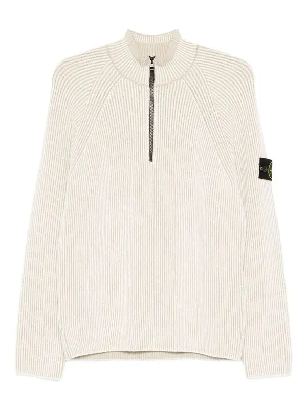 Stone Island Zip-up Turtleneck Sweater With Logo Patch - Beige