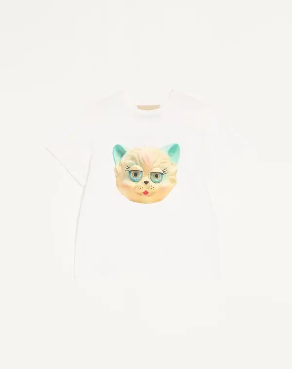 Valentino Garavani Cotton T-shirt With Le Chat De La Maison Print - Ivory