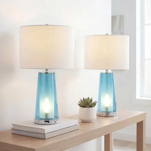 JONATHAN Y Tryon 26" Modern Minimalist Glass/iron Nightlight Led Table Lamp - Clear Blue/chrome