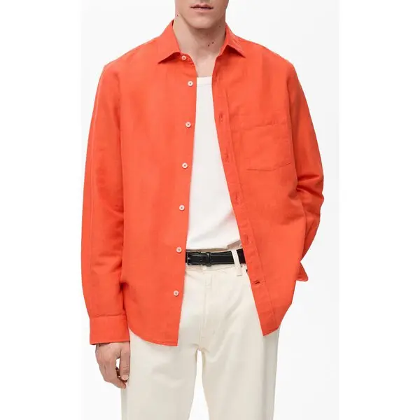 Mango Classic Fit Linen & Cotton Button-up Shirt - Orange
