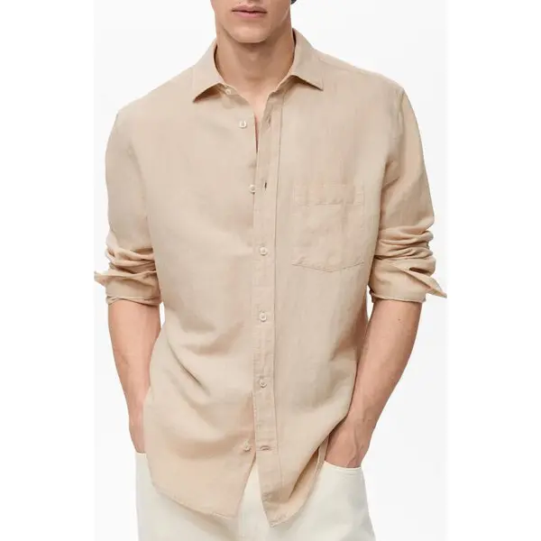 Mango Classic Fit Linen & Cotton Button-up Shirt - Sand