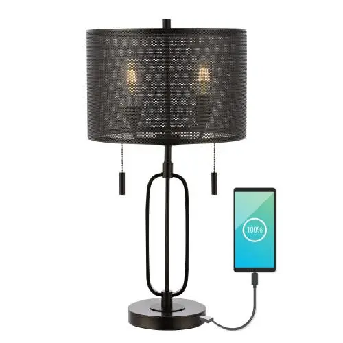 JONATHAN Y Hank 27" 2-light Industrial Farmhouse Iron Led Table Lamp With Usb Charging Port - Oil Rubbed Bronze