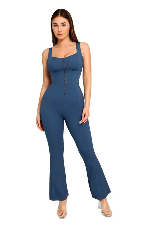 POPILUSH Shapewear Sculpting Denim Jumpsuit - Oxford Blue