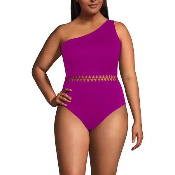 LANDS' END Macrame One-shoulder One-piece Swimsuit - Crimson Rose