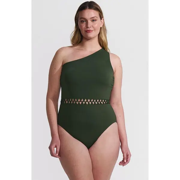 LANDS' END Macrame One-shoulder One-piece Swimsuit - Rich Olive Green