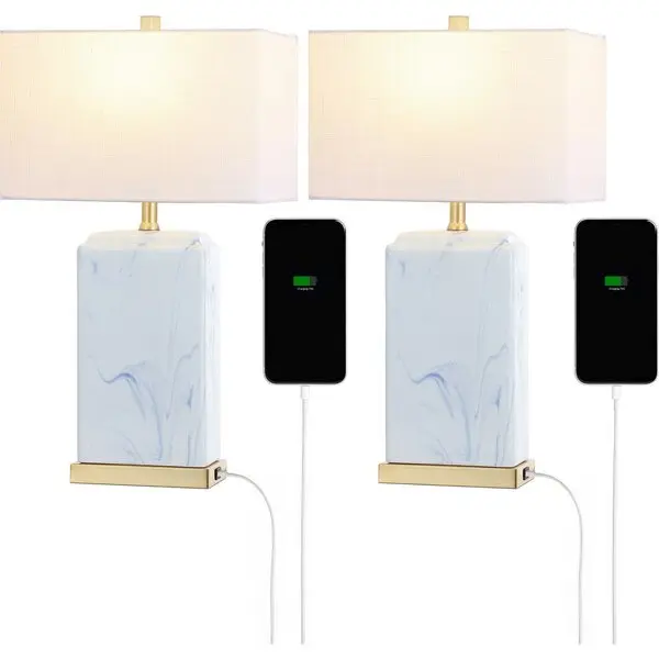 JONATHAN Y Chloe 24.5" Modern Coastal Iron/marbled Ceramic Led Table Lamp With Usb Charging Port - Blue/white