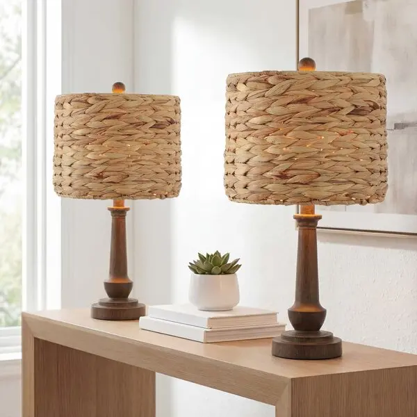 JONATHAN Y Leona 21.25" Rustic Farmhouse Handwoven Water Hyacinth/resin Led Table Lamp - Brown Wood Finish