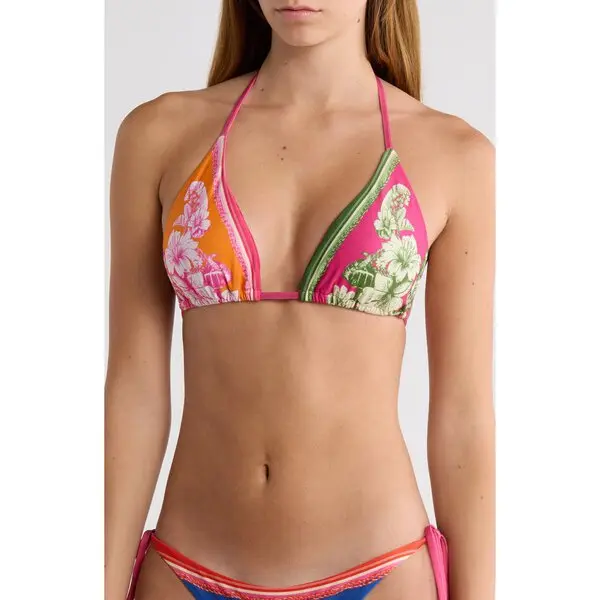 Farm Rio Floral Print Triangle Bikini Top - Pink Multi