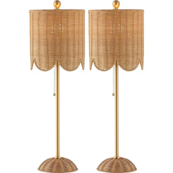 JONATHAN Y Celerie 27.5" Coastal Bohemian Rattan/iron Scalloped Buffet Led Table Lamp With Pull Chain - Natural/brass Gold
