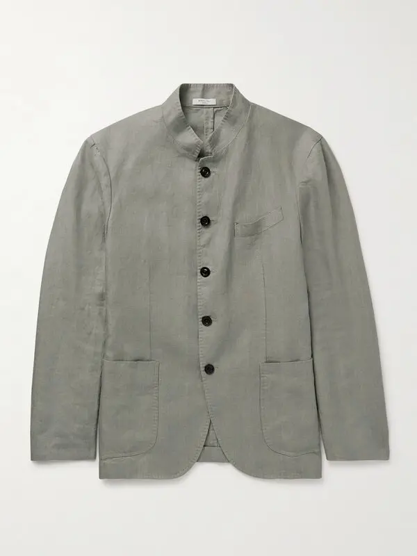 Boglioli Slim-fit Nehru-collar Herringbone Linen Jacket - Gray