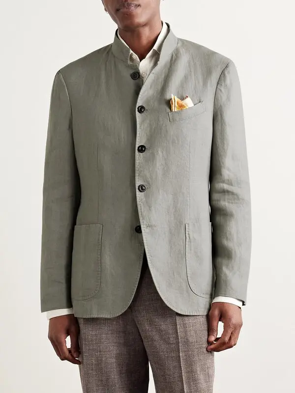 Boglioli Slim-fit Nehru-collar Herringbone Linen Jacket - Gray