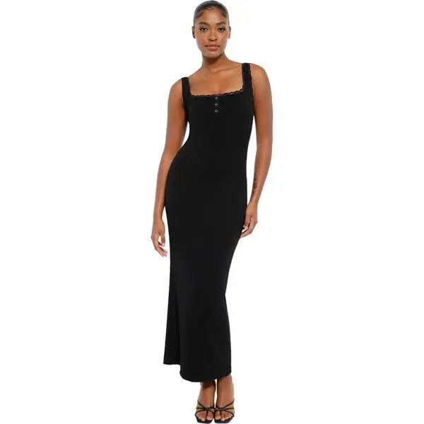 POPILUSH Shapewear Modal Slimming Lace Trim Henley Tank Maxi Dress - Midnight Black