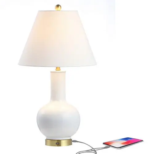 JONATHAN Y Han 27" Ceramic/iron Contemporary Usb Charging Led Table Lamp - White/brass Gold