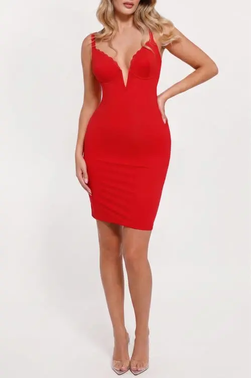 POPILUSH Shapewear Plunging V Lace Trim Bodycon Mini Dress - Bright Red