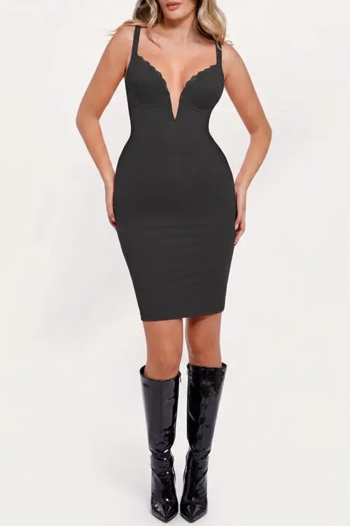 POPILUSH Shapewear Plunging V Lace Trim Bodycon Mini Dress - Jet