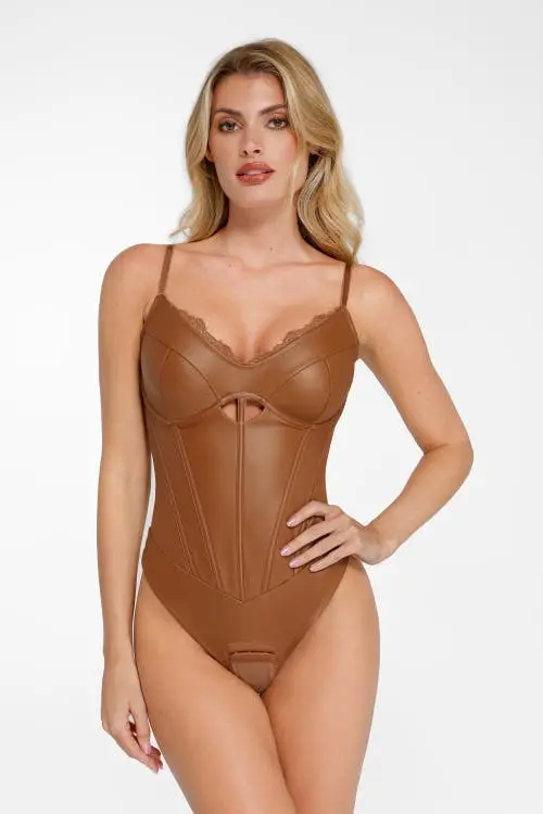 POPILUSH Shapewear Faux Leather Hourglass Cutout Corset Bodysuit - Cambridge Brown