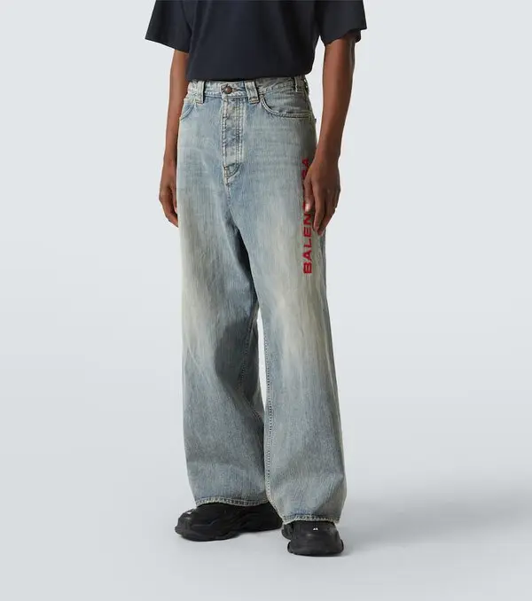 Balenciaga Logo Embroidered Wide-leg Jeans - Grey